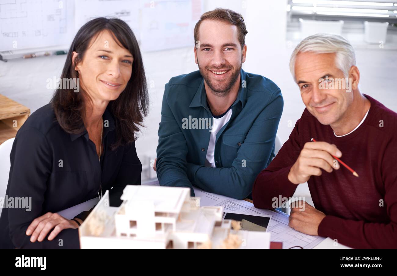 Employees, portrait and model for industrial architecture, presentation ...