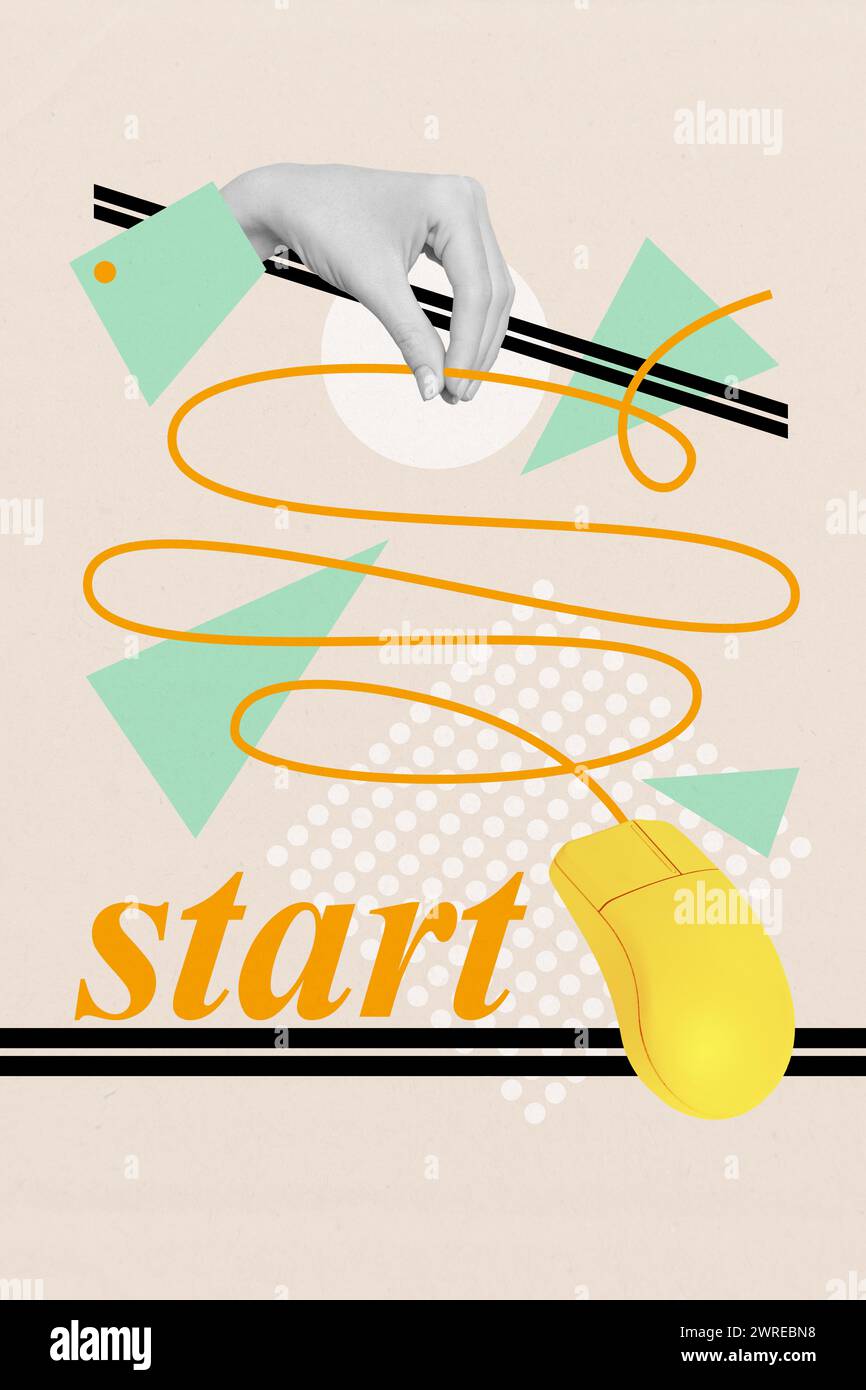 Vertical photo collage of hand hold wire computer mouse user device ...