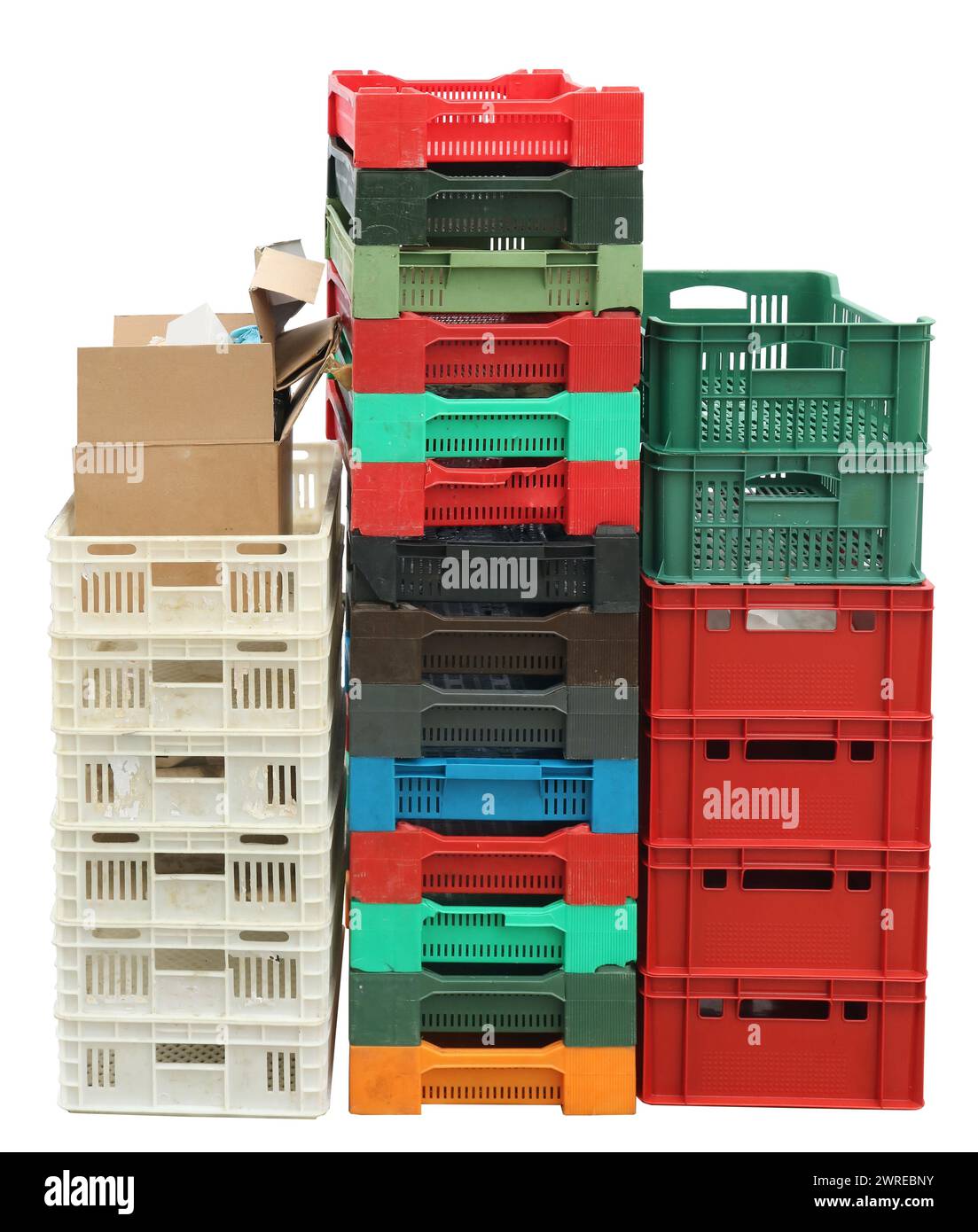 Used plastic boxes containers for fruits, vegetables and food. Isolated ...