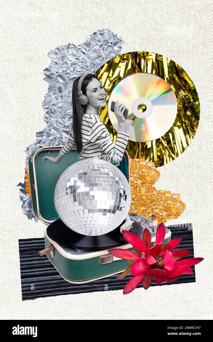 Composite photo collage of young lady wear headphones sing song vintage ...