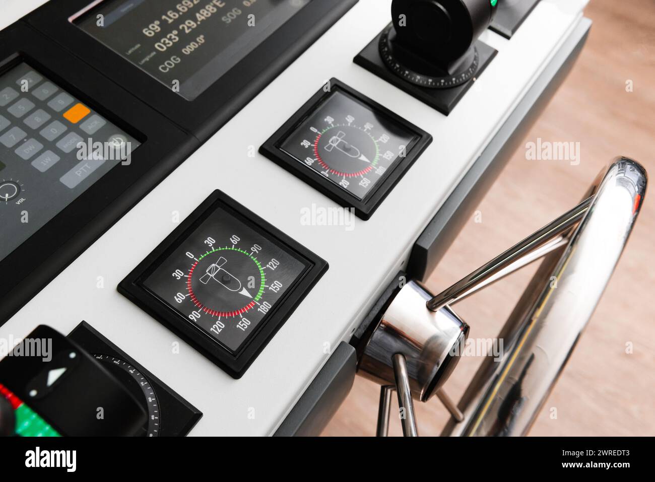 Azimuth thrusters angle indicators mounted in a tug boat control panel ...