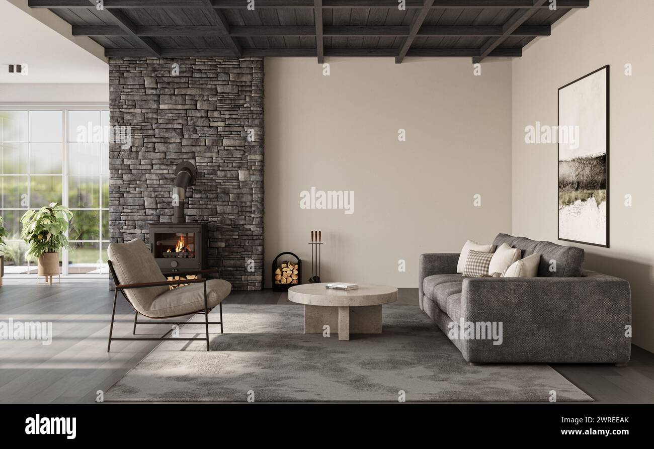 Interior of living room with stone wall, fireplace, dark rafter ceiling ...