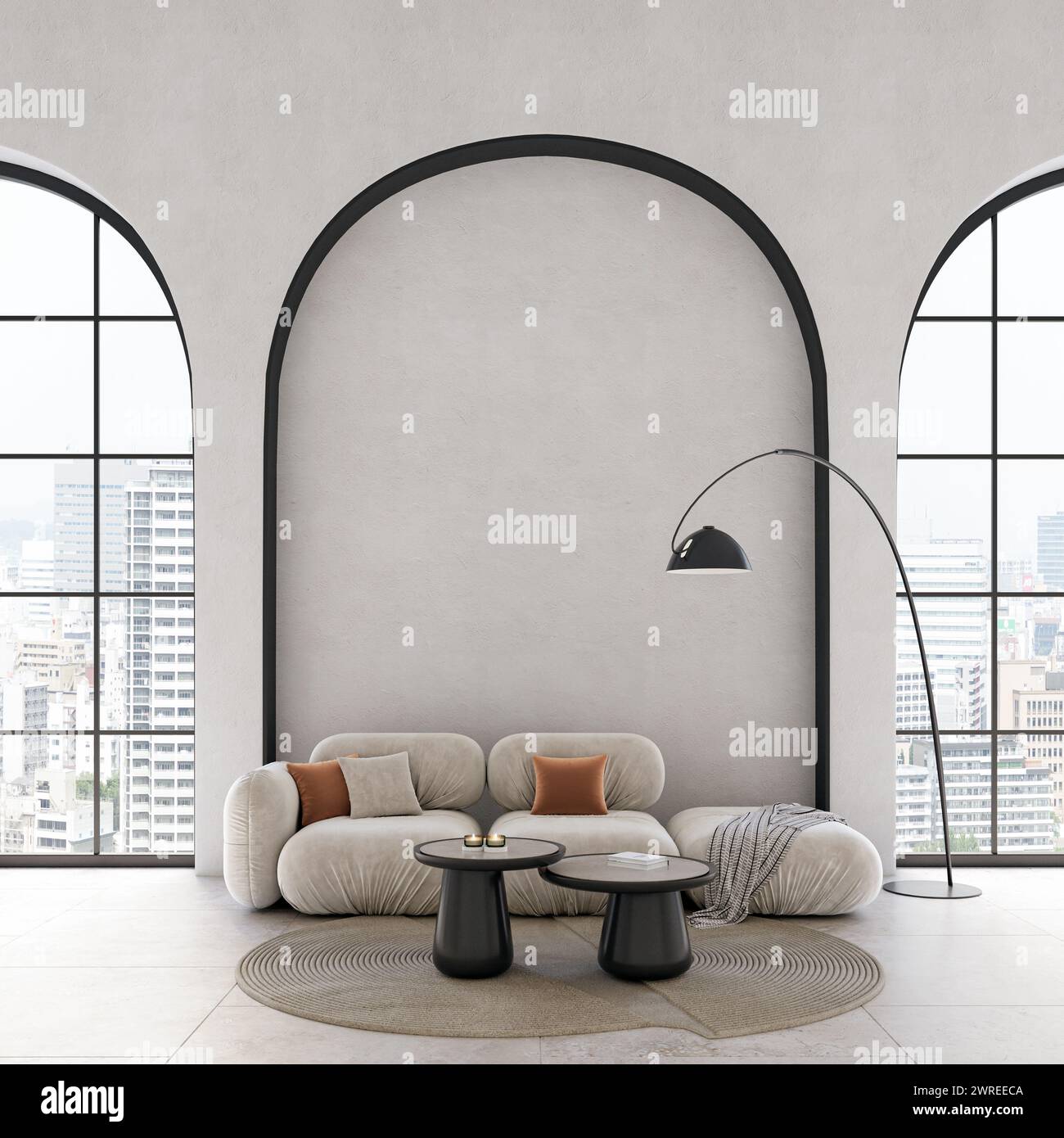 Minimalist interior design with large arch windows. Wall mockup concept ...