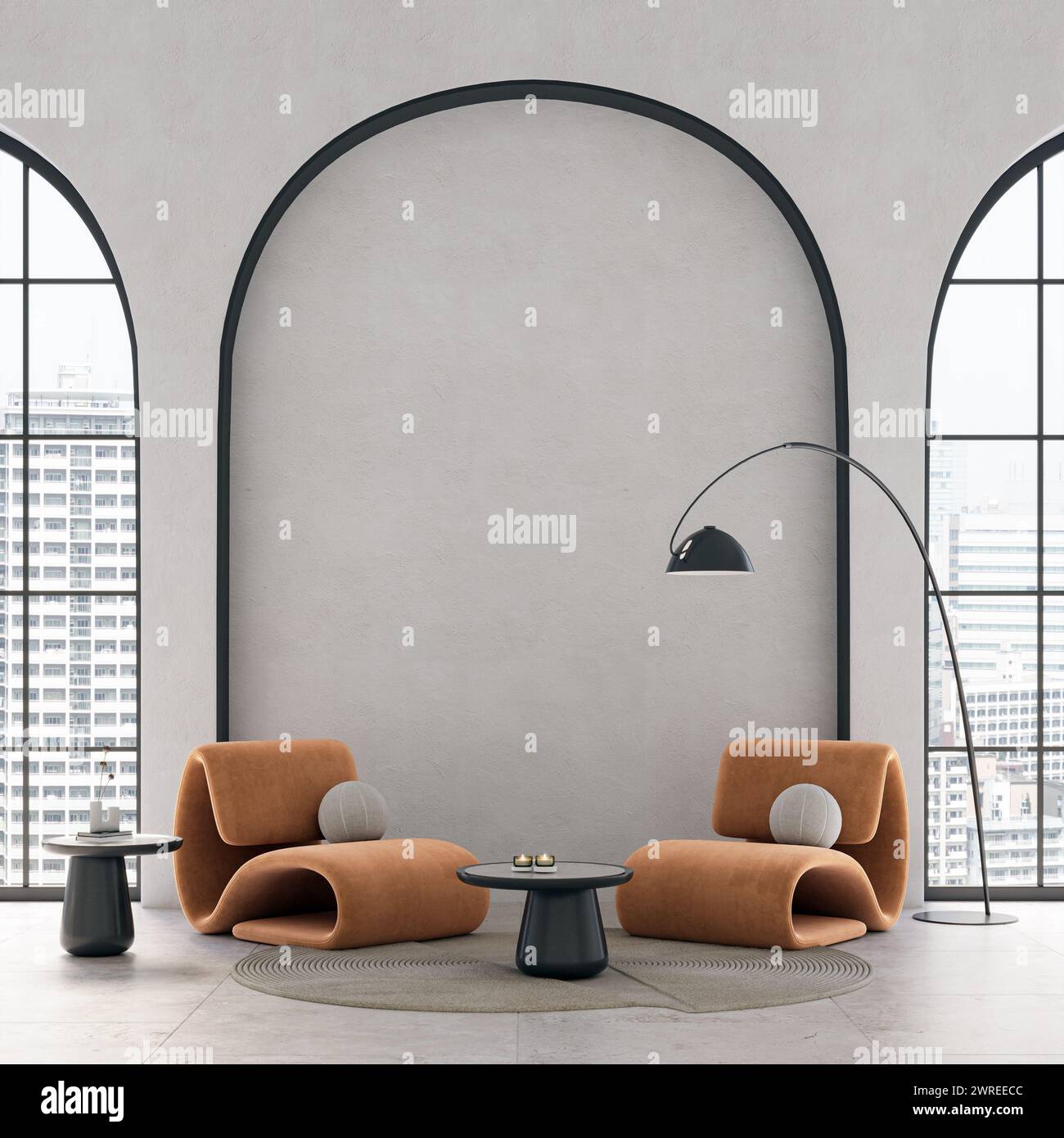 Minimalist interior design with large arch windows. Wall mockup concept ...