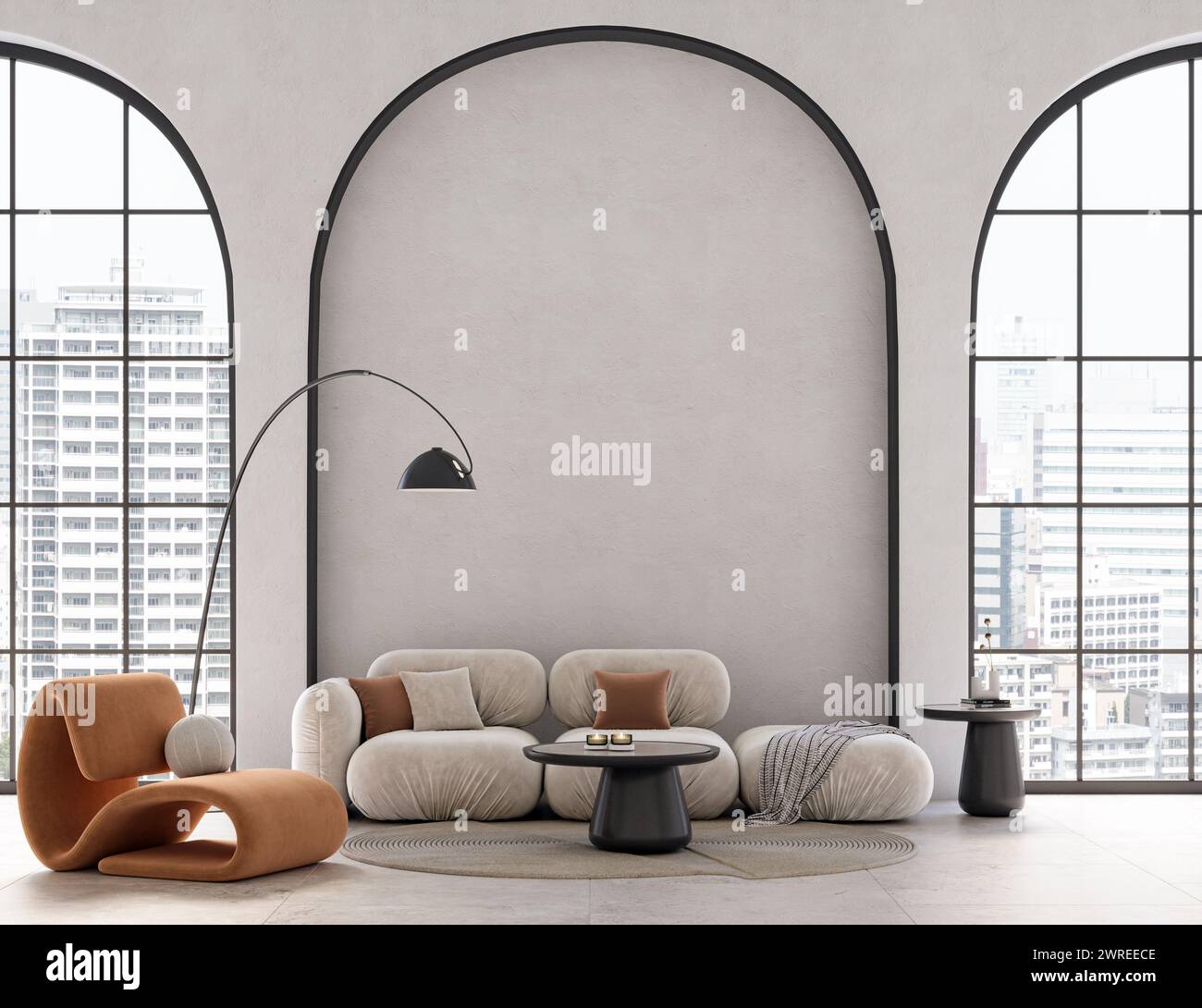 Minimalist interior design with large arch windows. Wall mockup concept ...