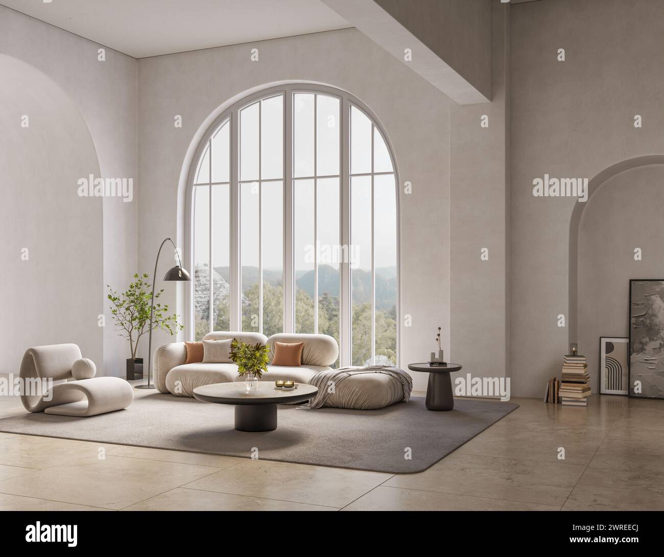 Minimalist interior design with large arch windows. Wall mockup concept ...