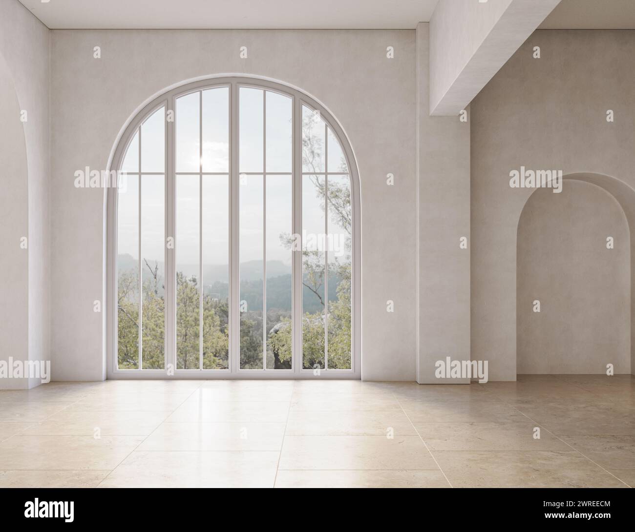 Minimalist interior design with large arch windows. Wall mockup concept ...