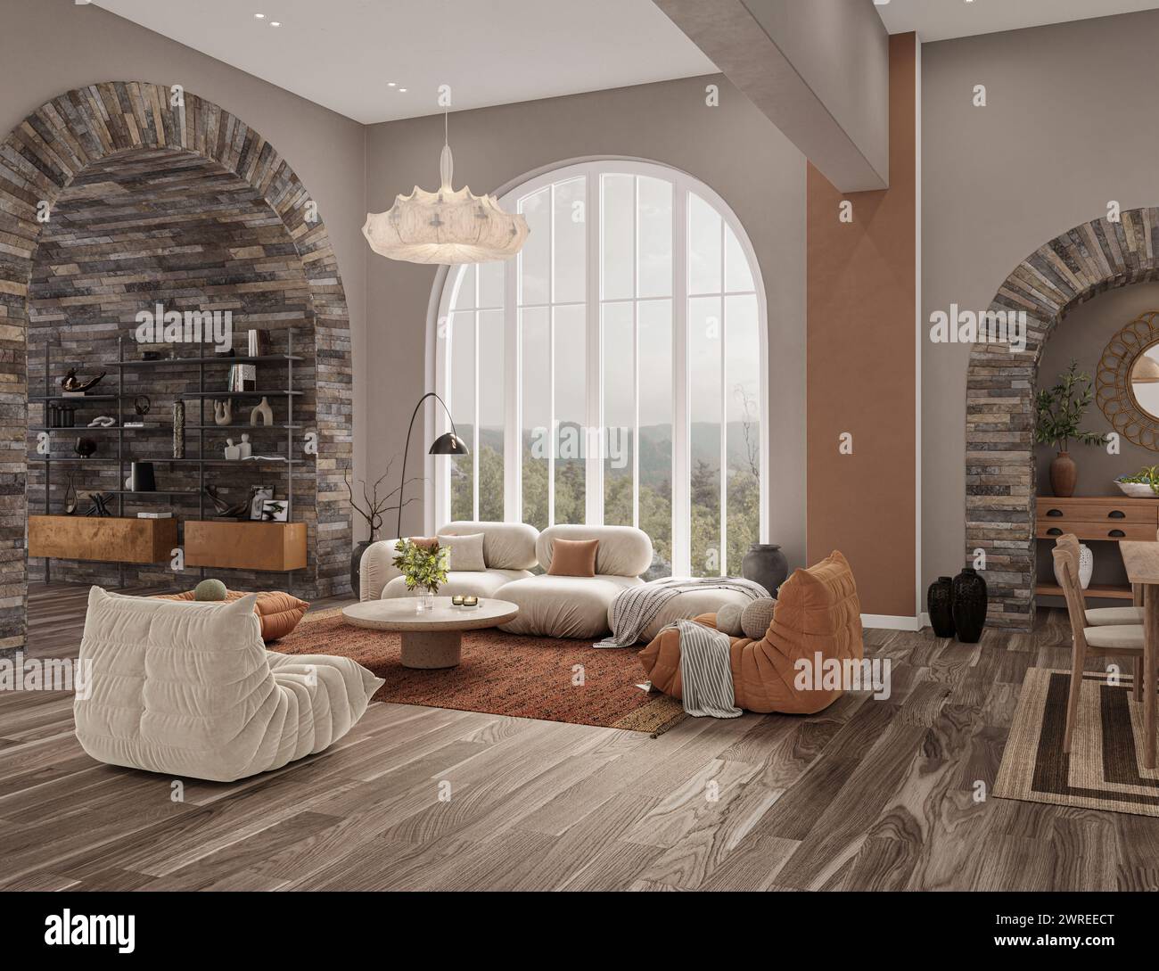 Cozy home interior in pastel colors with hardwood flooring on arch wall ...