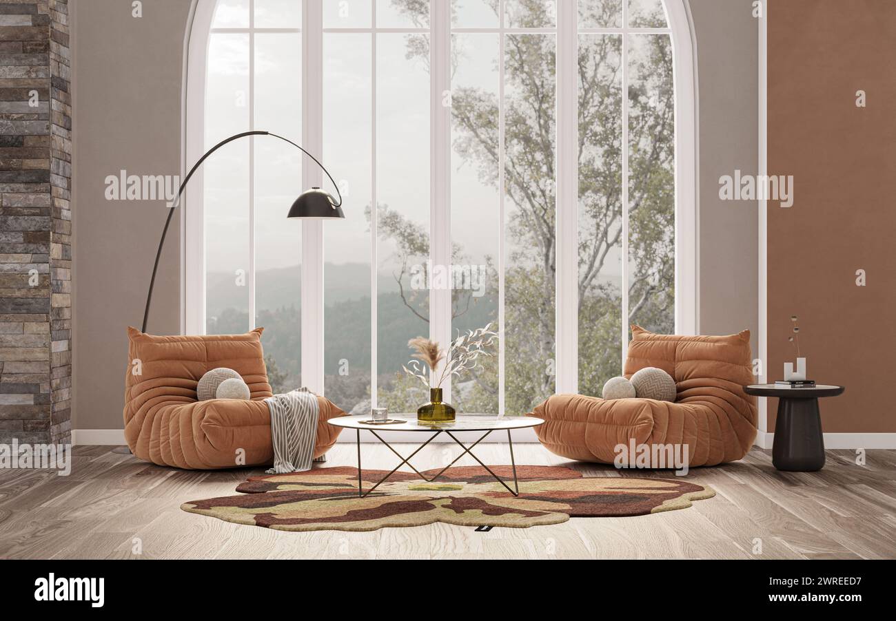 Cozy home interior in pastel colors with hardwood flooring on arch wall ...