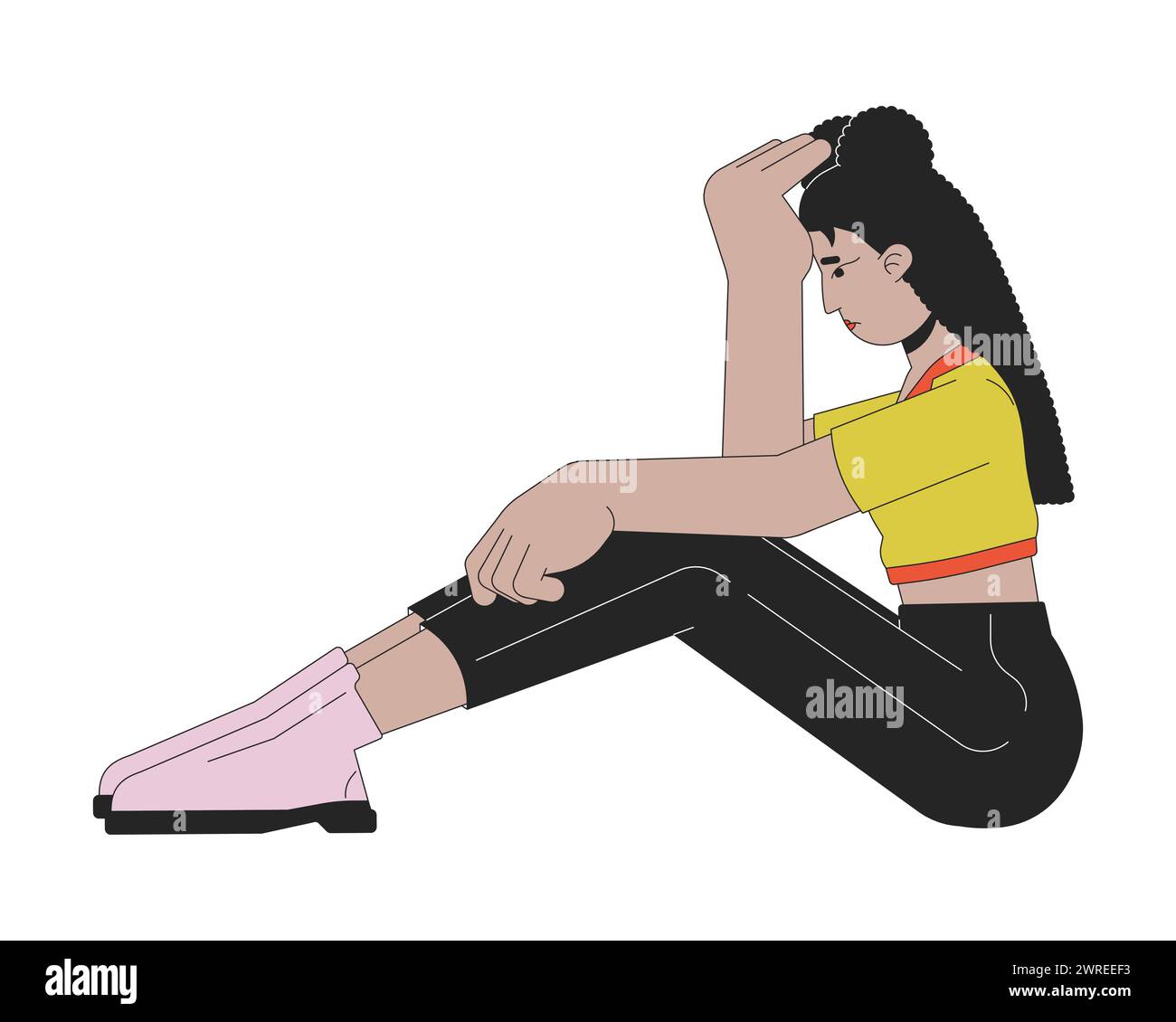 Depressed woman sitting line cartoon flat illustration Stock Vector ...