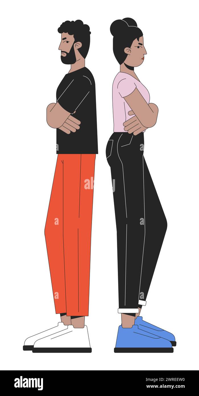 Disagreement Couple African American Line Cartoon Flat Illustration