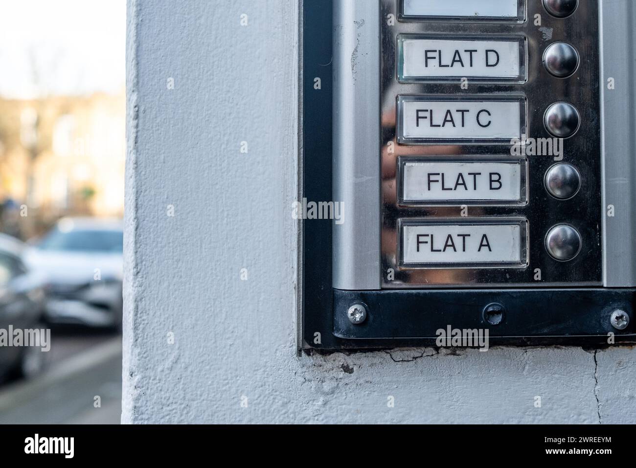 London street flat / apartments. Door entry system showing flat numbers ...