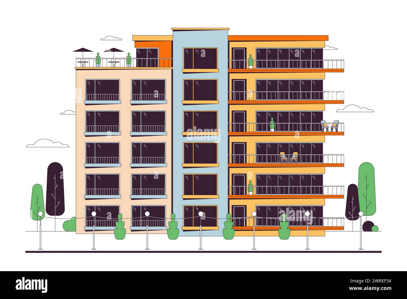 Flats condominium with balconies line cartoon flat illustration Stock ... Flats condominium with balconies line cartoon flat illustration Stock ...