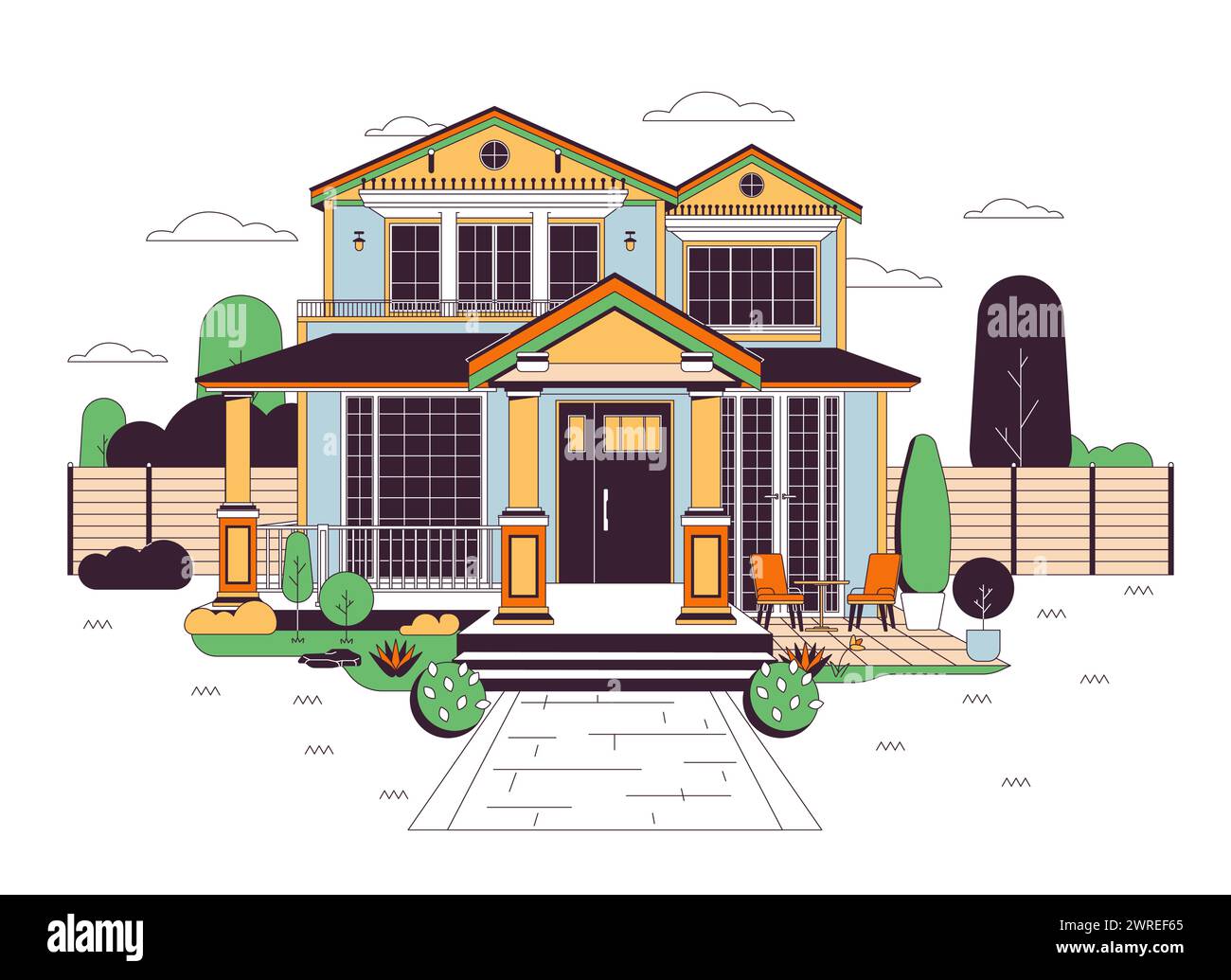 Suburban home front yard line cartoon flat illustration Stock Vector ...
