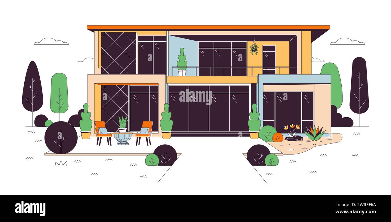 Modern glass house villa line cartoon flat illustration Stock Vector ...