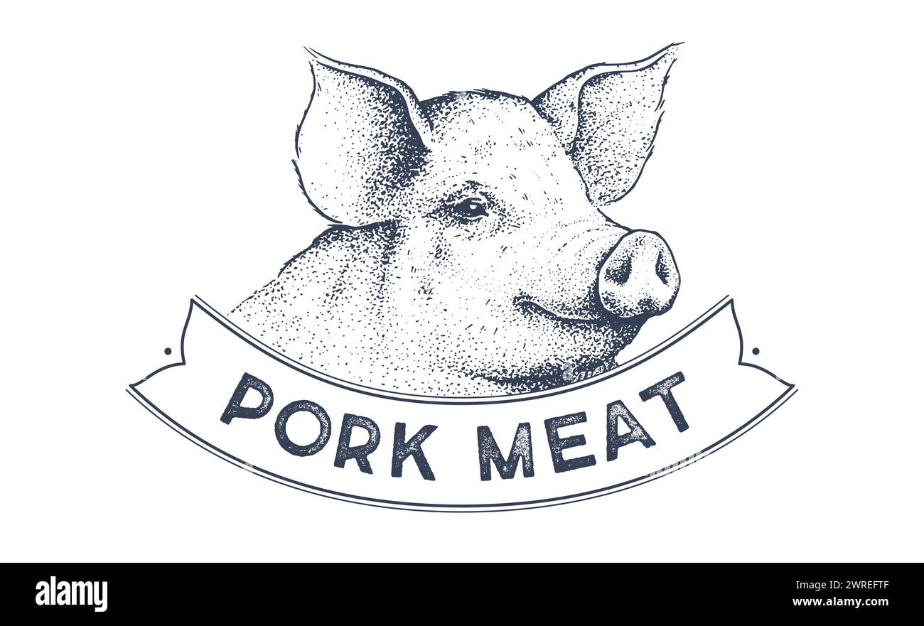 Pork, pig head, meat tag label. Template Meat Tag Label. Vintage print ...