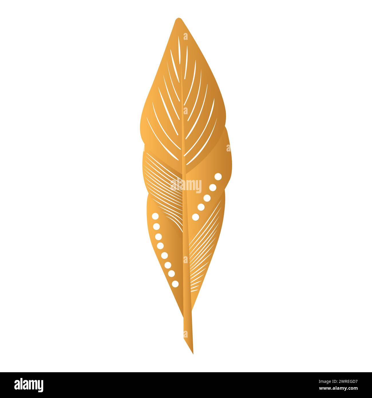 Gold feather of bird with patterns of dots and lines on smooth golden ...