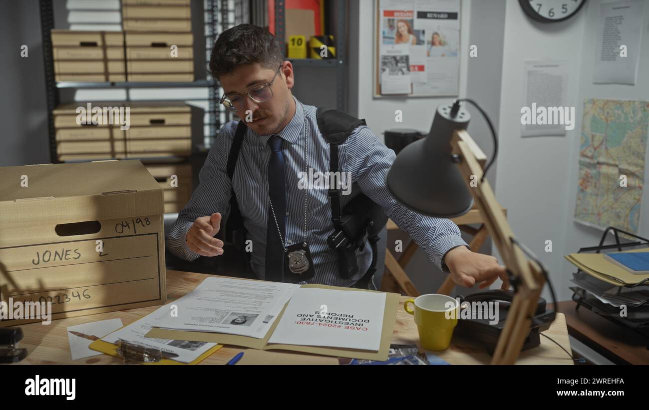 Hispanic detective analyzes evidence indoors at police department, with ...