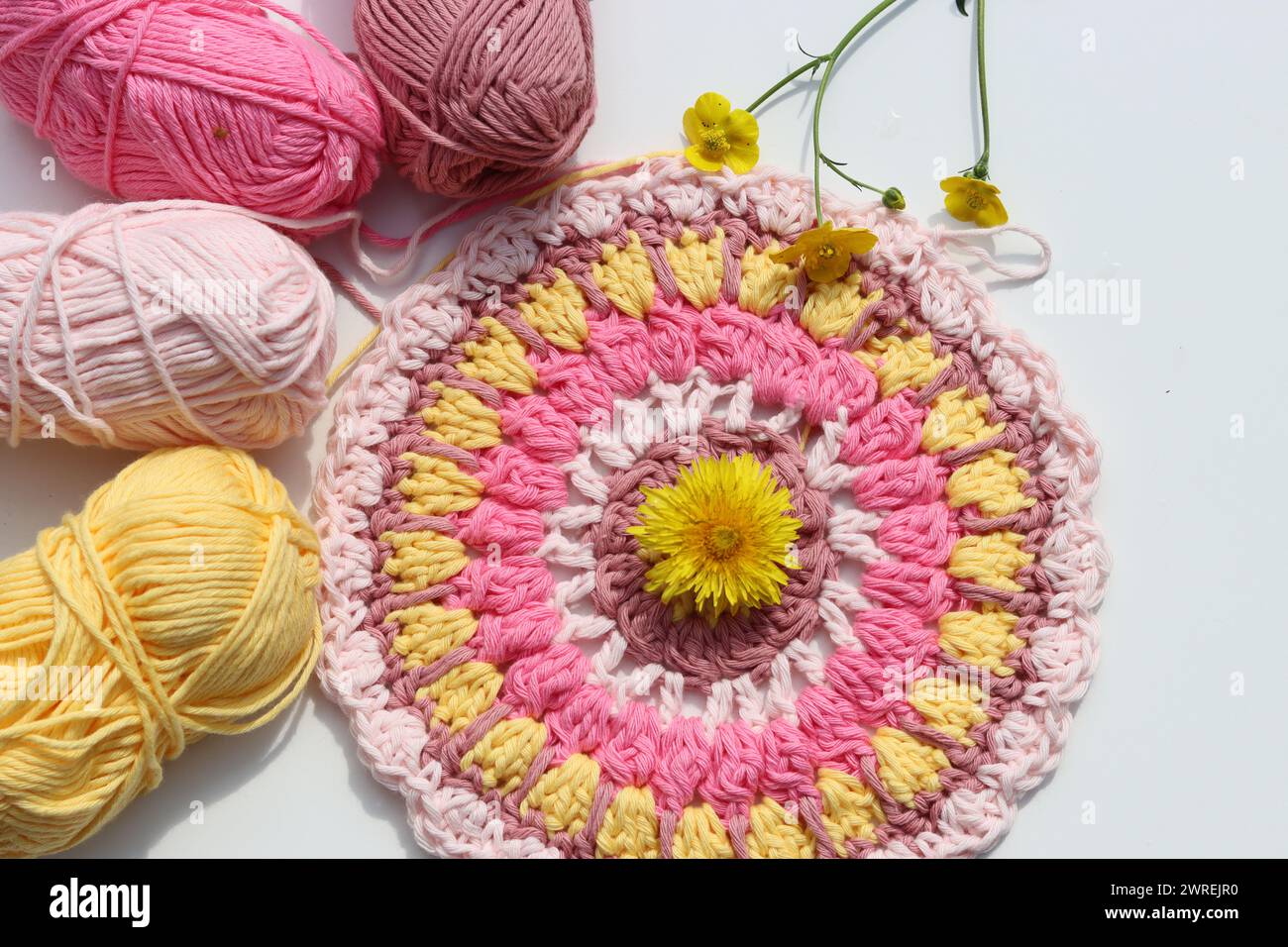 Crochet hobby concept. Handmade decorative ornament made of cotton ...