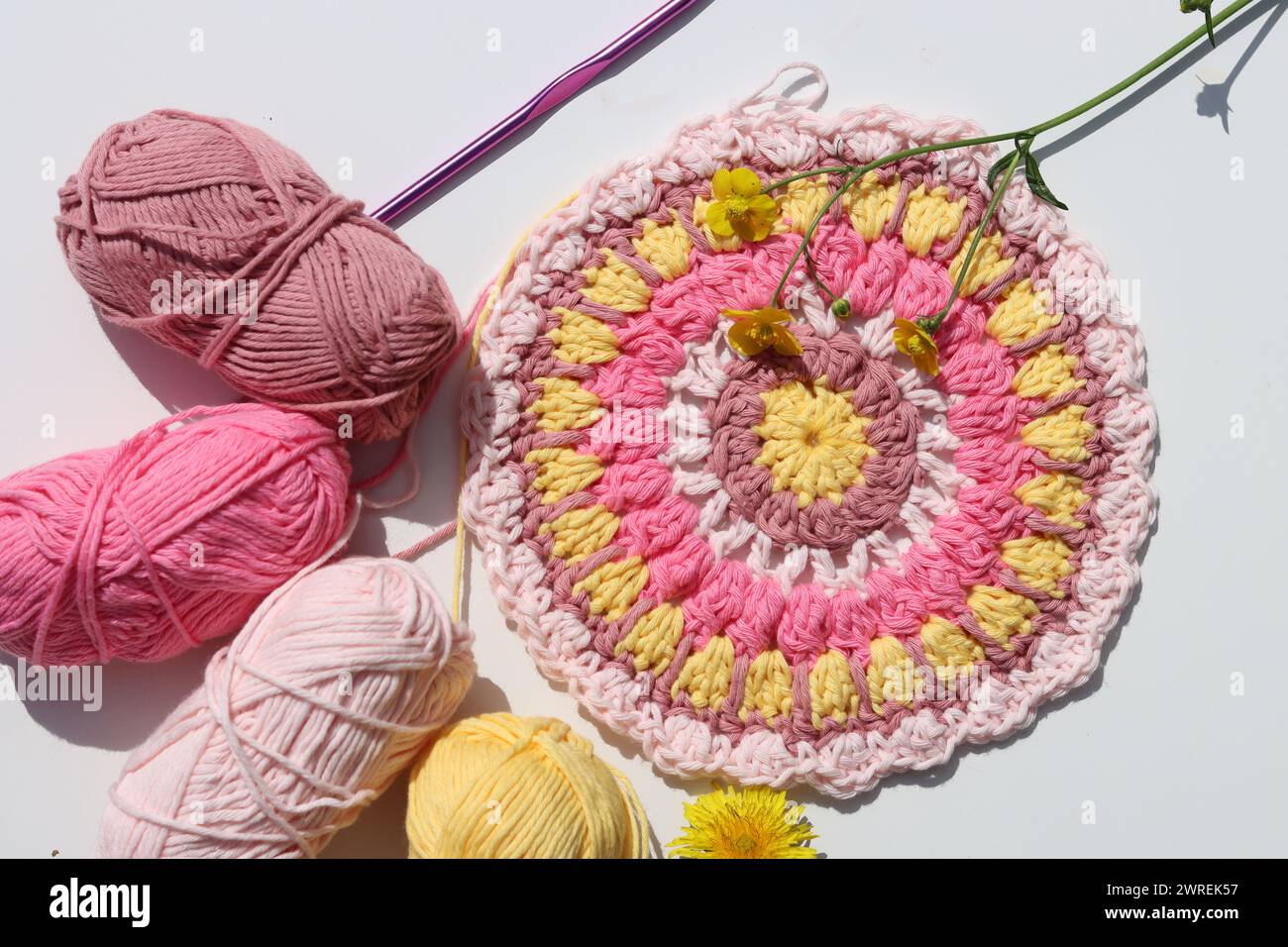 Crochet hobby concept. Handmade decorative ornament made of cotton ...