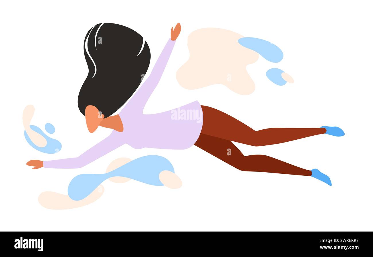 Woman flying with joy, levitating action with positive energy vector ...