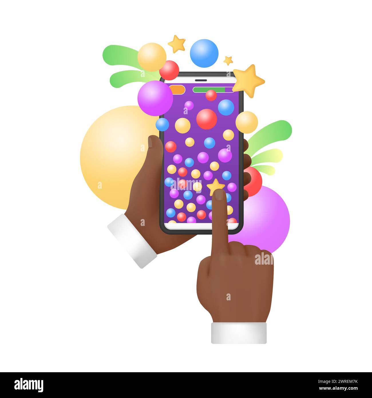 3D hands of man touching mobile game app with finger on smartphone ...