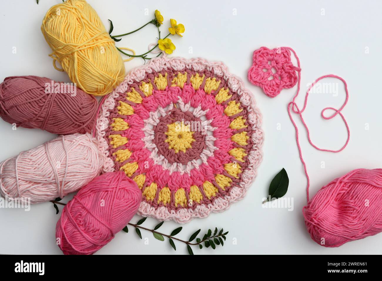 Crochet hobby concept. Handmade decorative ornament made of cotton ...