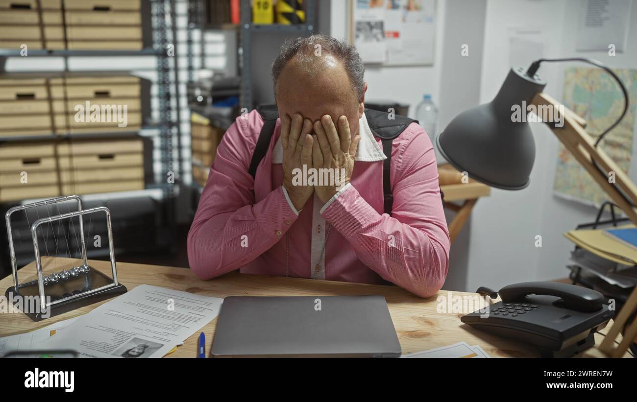 Stressed man sitting at cluttered investigation desk indoors ...