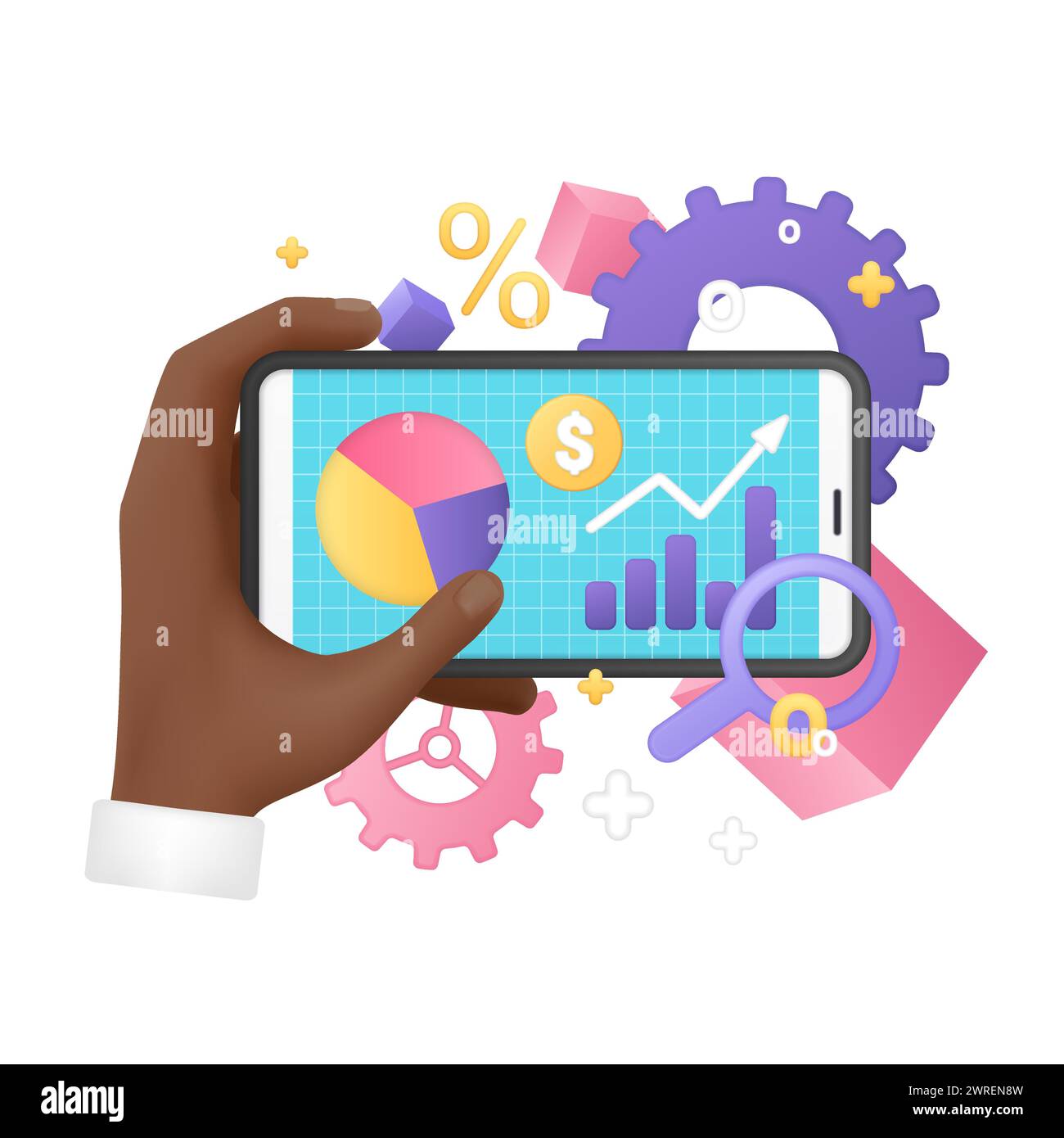 3D hand of man holding phone with finance graphs on screen, using ...