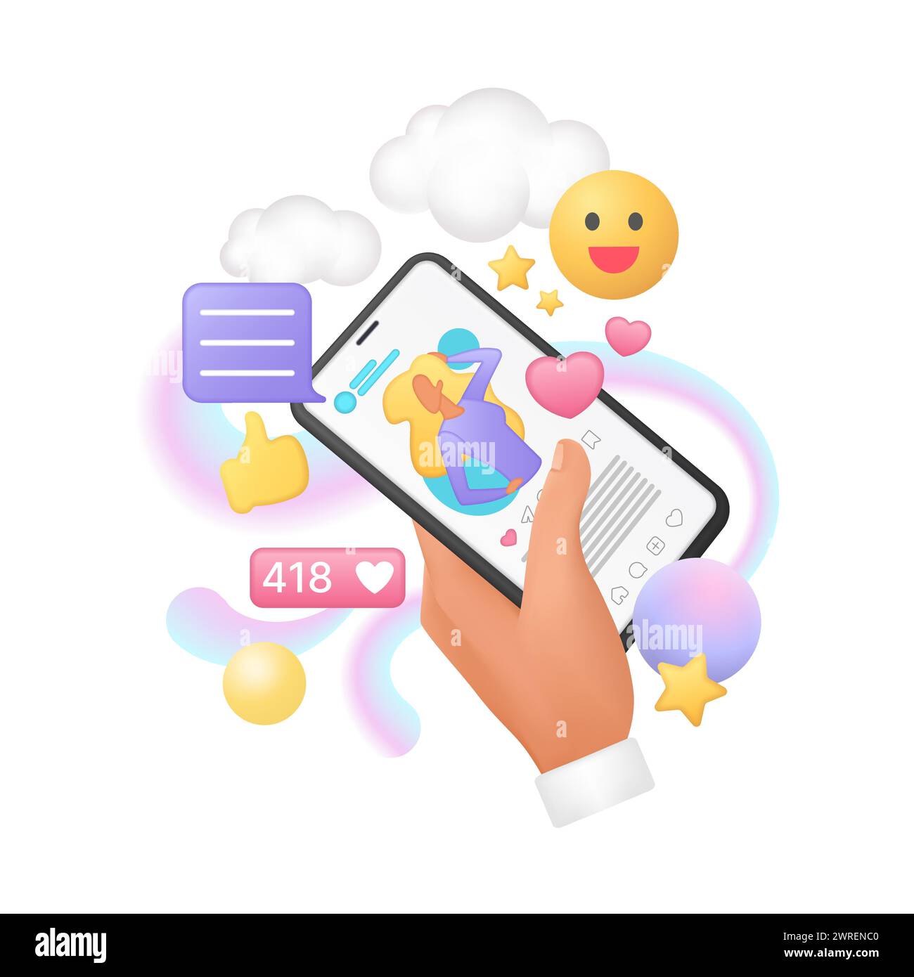 3D hand of man touching social media mobile app on phone screen to like ...