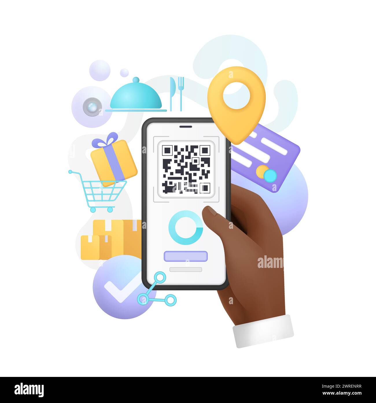 3D hand of man holding phone to scan QR code, buy and order food in ...