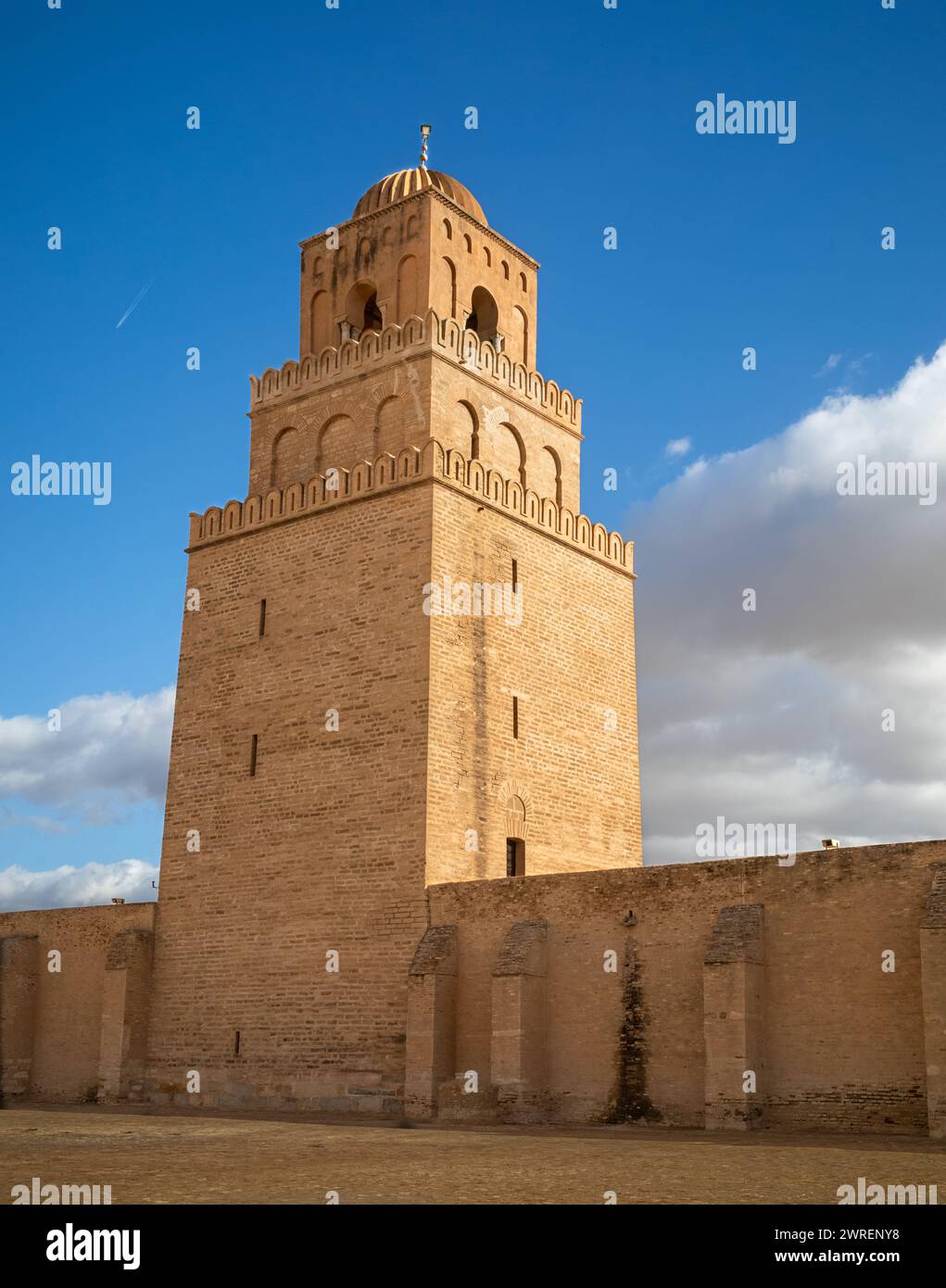 The 9th century minaret of the Great Mosque of Kairouan, or Mosque of ...