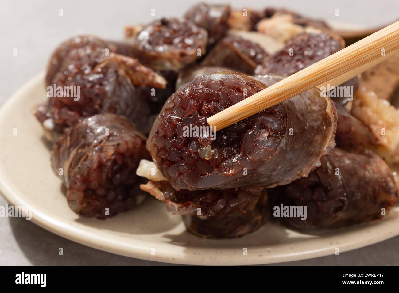 Sundae, a type of Korean street food, and various pork intestines Stock ...