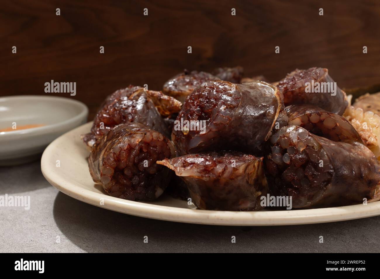 Sundae, a type of Korean street food, and various pork intestines Stock ...