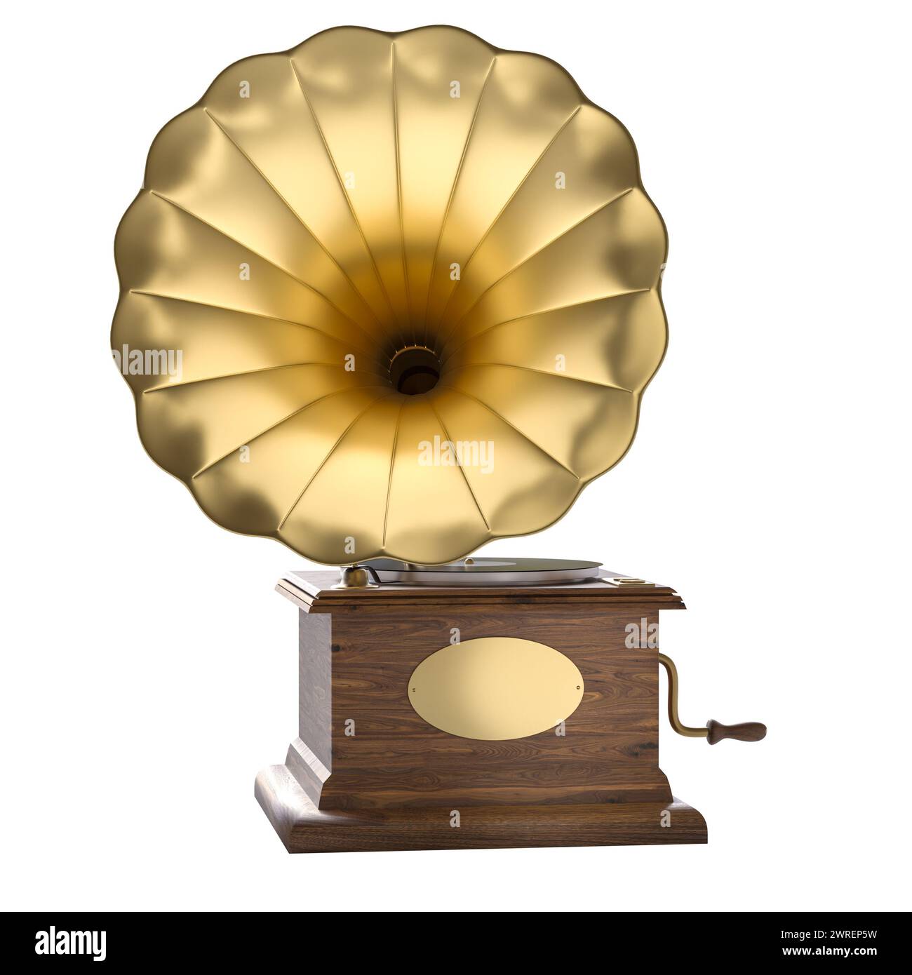 Isolated classic gramophone with a polished wood base and golden horn ...