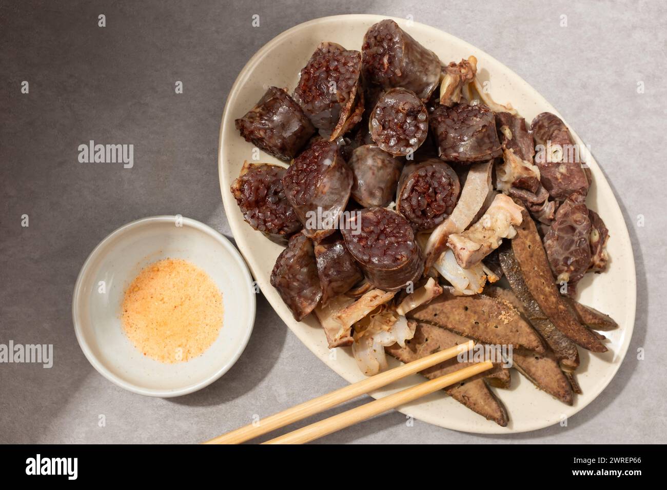 Sundae, a type of Korean street food, and various pork intestines Stock ...