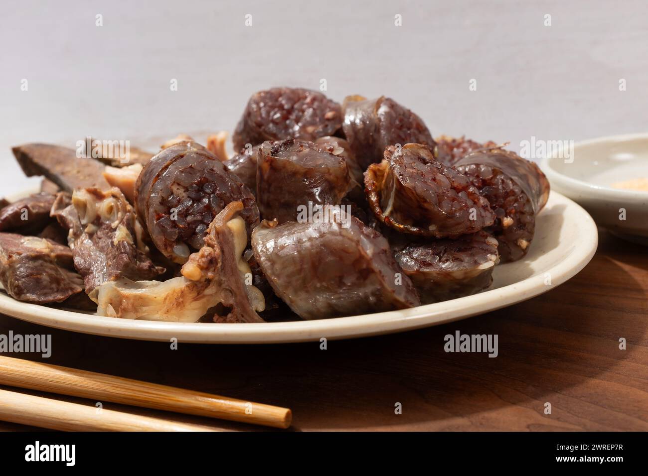 Sundae, a type of Korean street food, and various pork intestines Stock ...