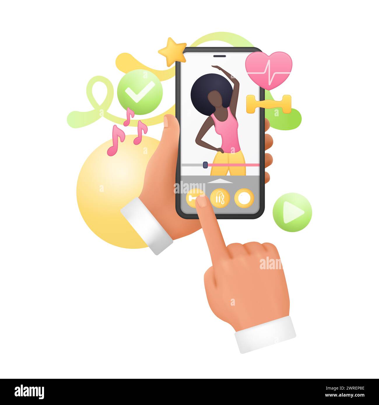 3D hands of man hold phone with fitness workout on screen, touch button ...