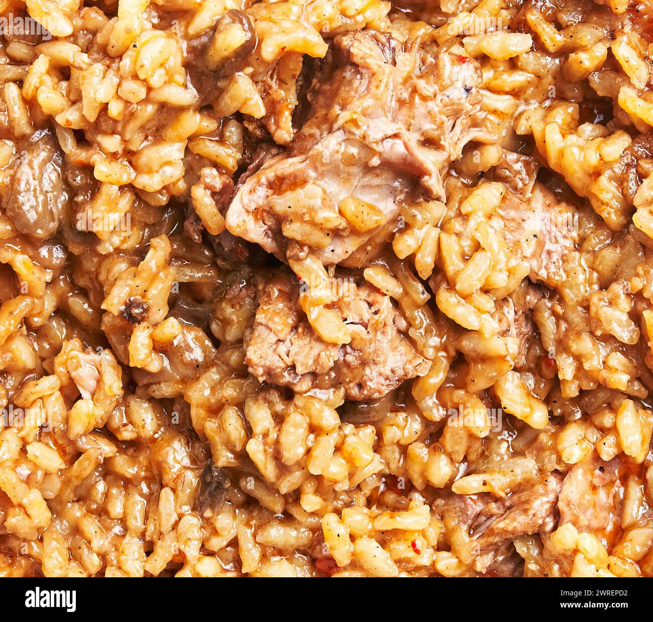 Close-up view of a traditional beef risotto dish, highlighting the rice ...