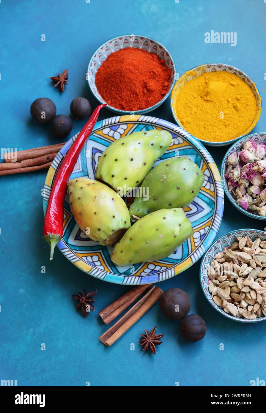 Opuntia cactus fruit close up photo. Eastern Prickly Pear on a blue ...
