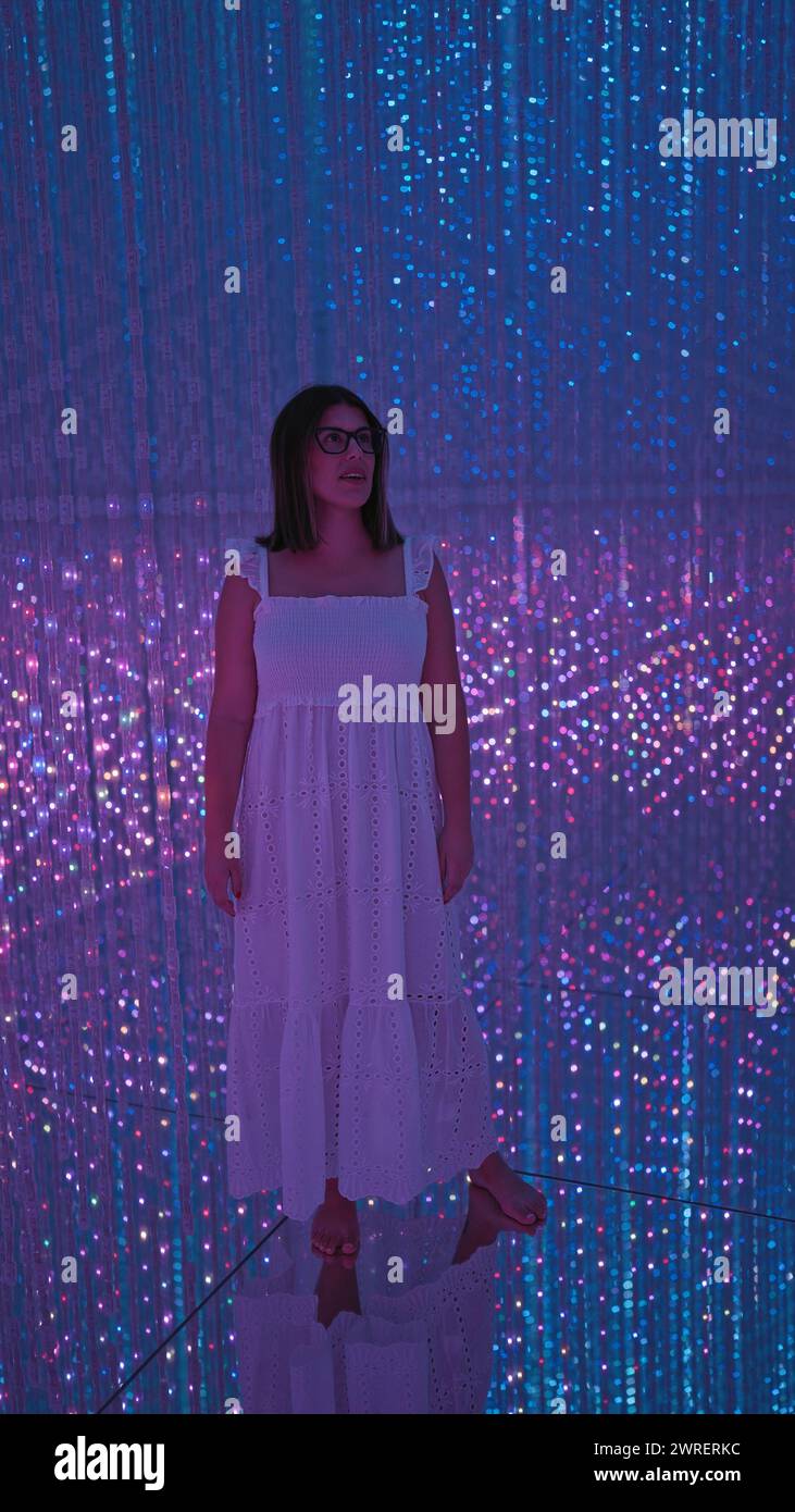 Radiant hispanic woman, beautiful in glasses, immerses in a futuristic ...