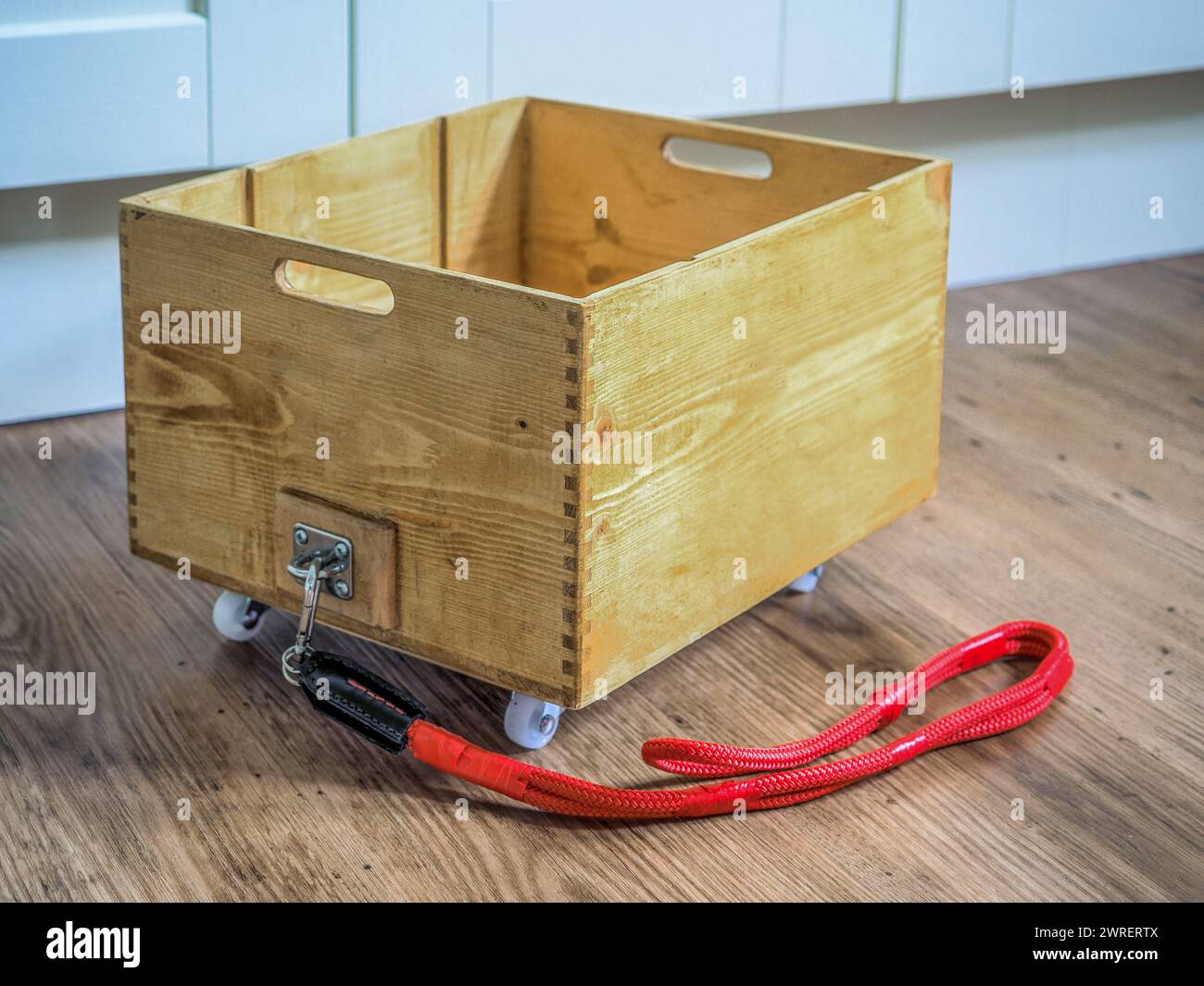 upcycled wooden wine crate box to create a utility trolley with red ...
