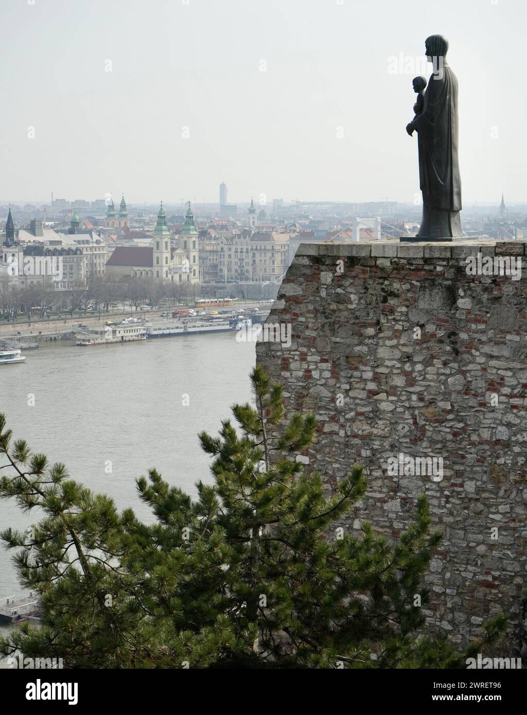 The Virgin Mary Statue at Buda Castle overlooking Budapest and The ...