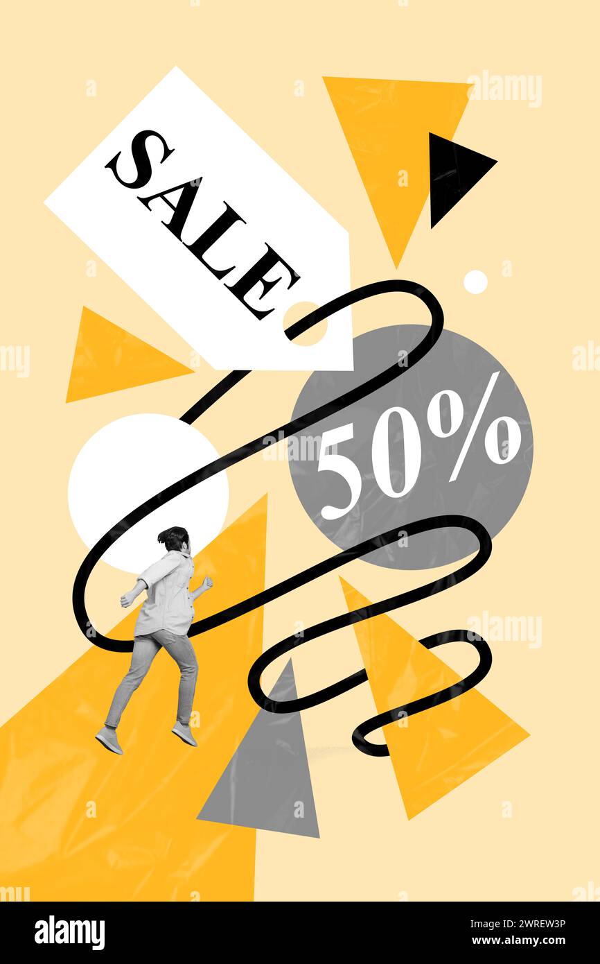 Vertical photo collage running young man shopping center discount ...