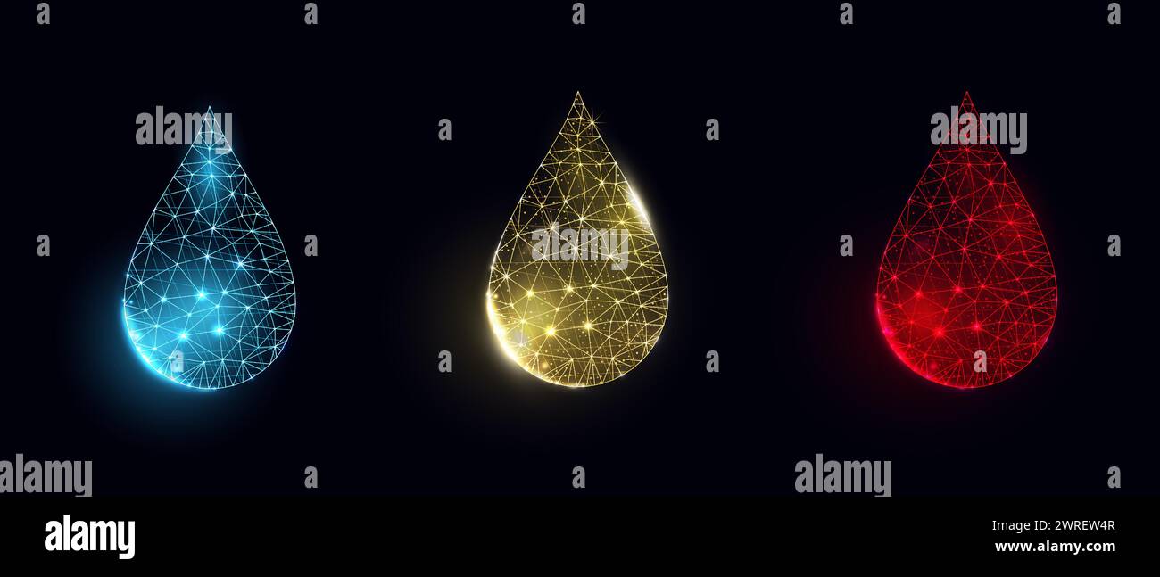 Set of water drop, oil and blood drops. Wireframe low poly style ...