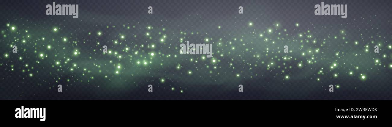 Green glittering dots, particles, stars magic sparks. Dust cloud flare ...
