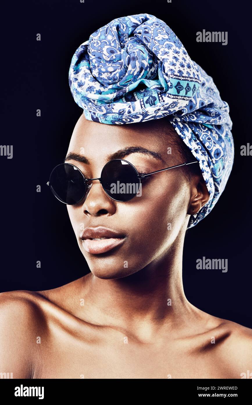 Face, fashion and culture with African model in studio isolated on ...