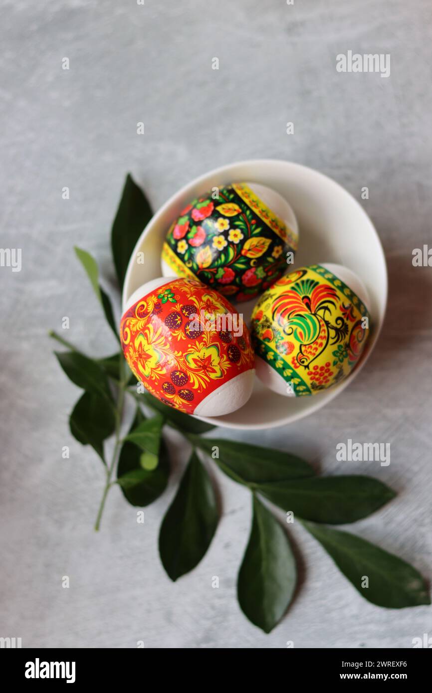 Decorated Easter eggs close up photo. Christian religion symbol ...