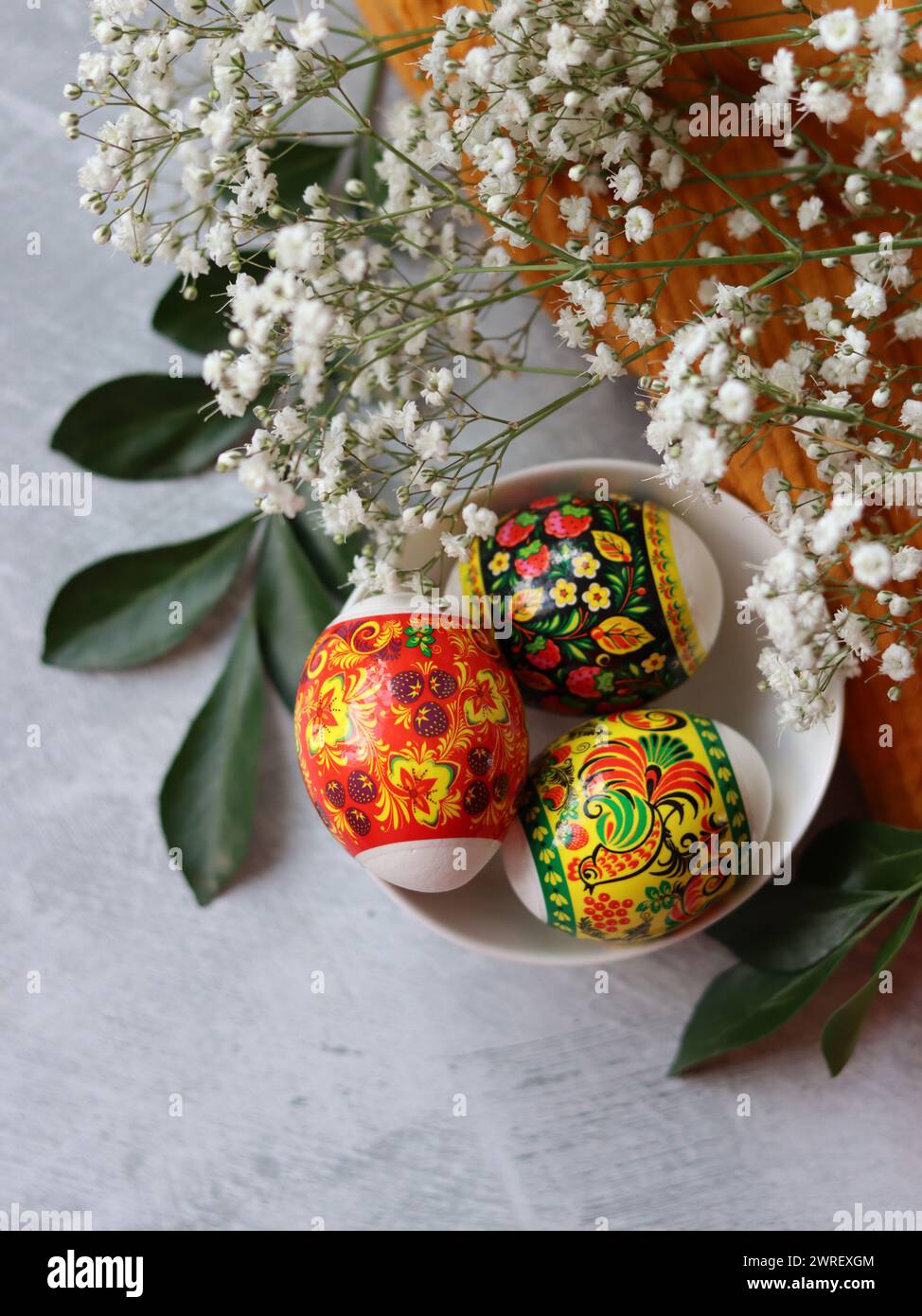Decorated Easter eggs close up photo. Christian religion symbol ...