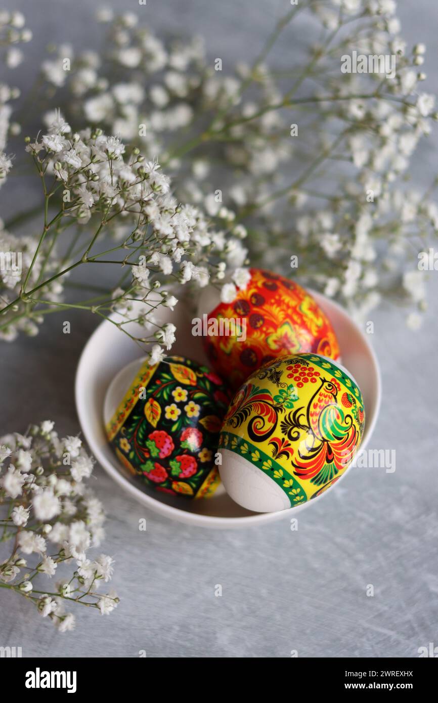 Decorated Easter eggs close up photo. Christian religion symbol ...